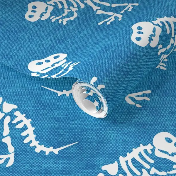 Spoonflower Dinosaur Tyrannosaurus Rex Trex Dino Bones Custom Pre-pasted Wallpaper - Blue