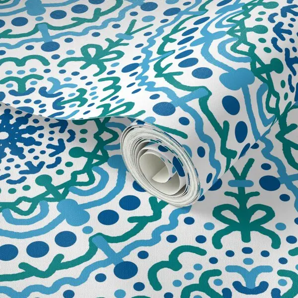 Spoonflower Blue Geometric Hippie Hand Drawn Mandala Bohemian Custom Pre-pasted Wallpaper - Green,blue