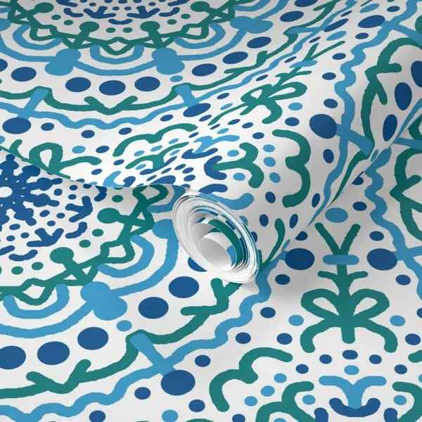 Spoonflower Blue Geometric Hippie Hand Drawn Mandala Bohemian Custom Pre-pasted Wallpaper - Green,blue