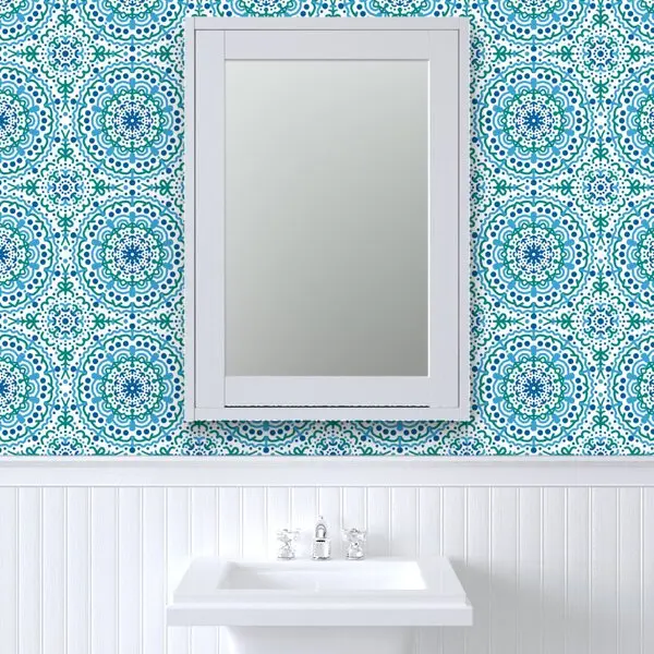 Spoonflower Blue Geometric Hippie Hand Drawn Mandala Bohemian Custom Pre-pasted Wallpaper - Green,blue