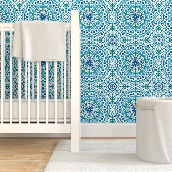 Spoonflower Blue Geometric Hippie Hand Drawn Mandala Bohemian Custom Pre-pasted Wallpaper - Green,blue