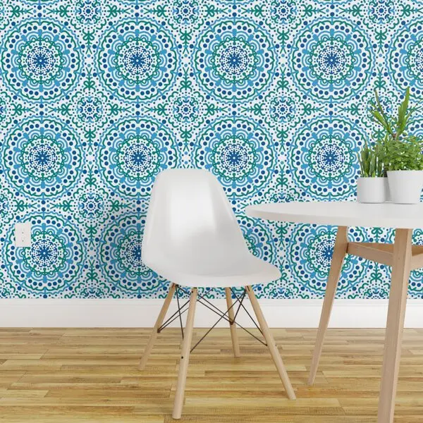 Spoonflower Blue Geometric Hippie Hand Drawn Mandala Bohemian Custom Pre-pasted Wallpaper - Green,blue