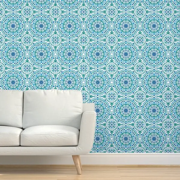 Spoonflower Blue Geometric Hippie Hand Drawn Mandala Bohemian Custom Pre-pasted Wallpaper - Green,blue