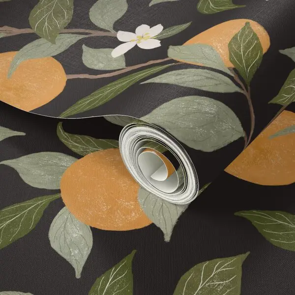 Spoonflower Oranges Citrus Fruit Botanical Leaves Dark Custom Pre-pasted Wallpaper - Orange