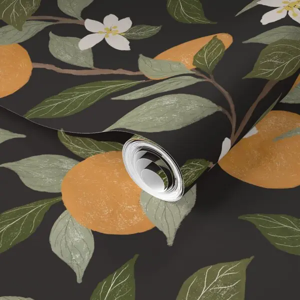Spoonflower Oranges Citrus Fruit Botanical Leaves Dark Custom Pre-pasted Wallpaper - Orange