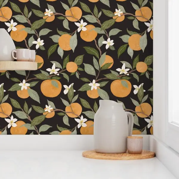 Spoonflower Oranges Citrus Fruit Botanical Leaves Dark Custom Pre-pasted Wallpaper - Orange