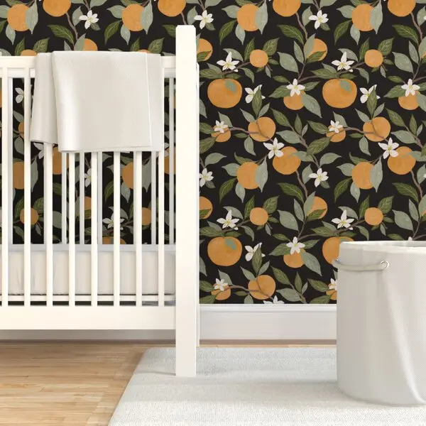 Spoonflower Oranges Citrus Fruit Botanical Leaves Dark Custom Pre-pasted Wallpaper - Orange
