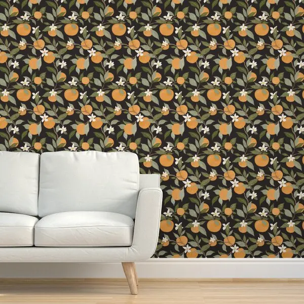 Spoonflower Oranges Citrus Fruit Botanical Leaves Dark Custom Pre-pasted Wallpaper - Orange