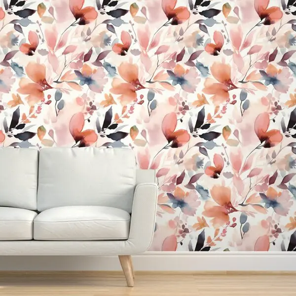 Spoonflower Pastel Flowers Watercolor Botanical Scattered Custom Pre-pasted Wallpaper - Red