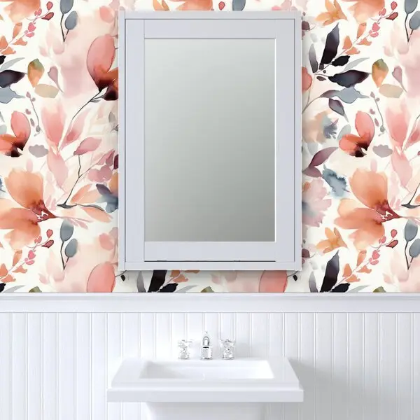 Spoonflower Pastel Flowers Watercolor Botanical Scattered Custom Pre-pasted Wallpaper - Red