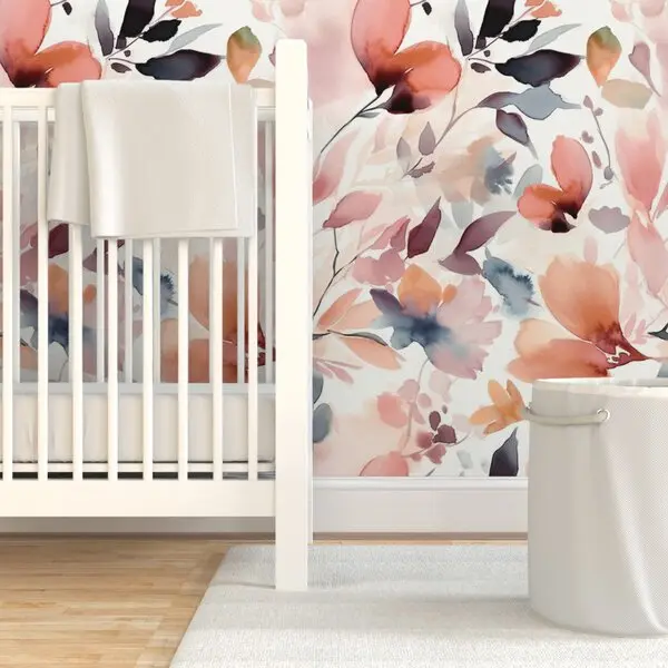 Spoonflower Pastel Flowers Watercolor Botanical Scattered Custom Pre-pasted Wallpaper - Red