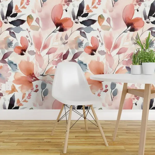 Spoonflower Pastel Flowers Watercolor Botanical Scattered Custom Pre-pasted Wallpaper - Red