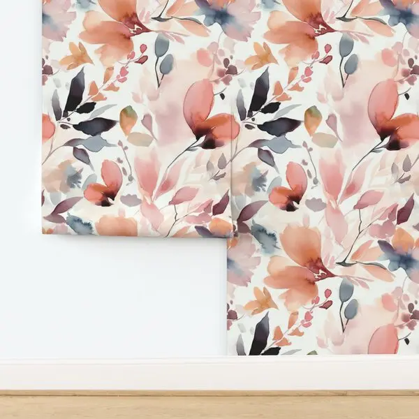 Spoonflower Pastel Flowers Watercolor Botanical Scattered Custom Pre-pasted Wallpaper - Red