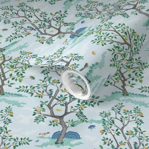 Spoonflower Floral Citrus Tree Botanical Toile Kitsch Custom Pre-pasted Wallpaper - Blue
