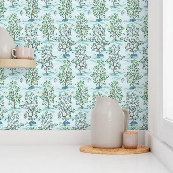 Spoonflower Floral Citrus Tree Botanical Toile Kitsch Custom Pre-pasted Wallpaper