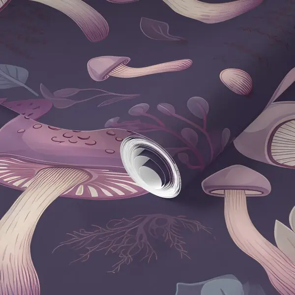 Spoonflower Enchanted Mushrooms Fungus Woodland Violet Custom Pre-pasted Wallpaper - Purple