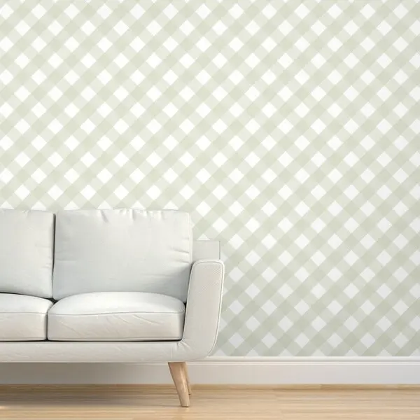 Spoonflower Gingham Plaid Buffalo Diagonal Modern Custom Pre-pasted Wallpaper - Green