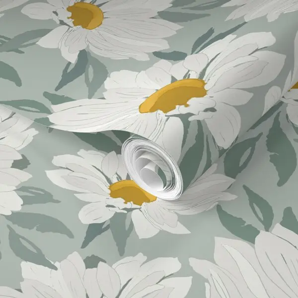 Spoonflower Green Floral Garden Daisy Botanical Spring Custom Pre-pasted Wallpaper - Mint