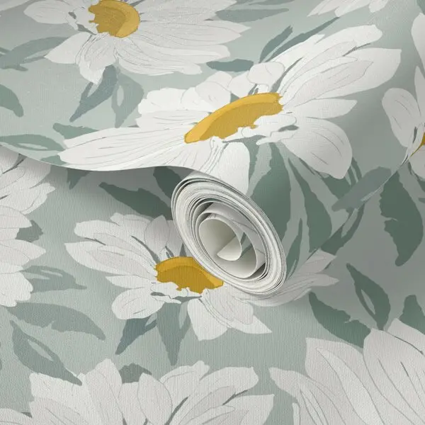 Spoonflower Green Floral Garden Daisy Botanical Spring Custom Pre-pasted Wallpaper - Mint