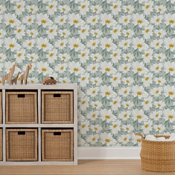Spoonflower Green Floral Garden Daisy Botanical Spring Custom Pre-pasted Wallpaper - Mint