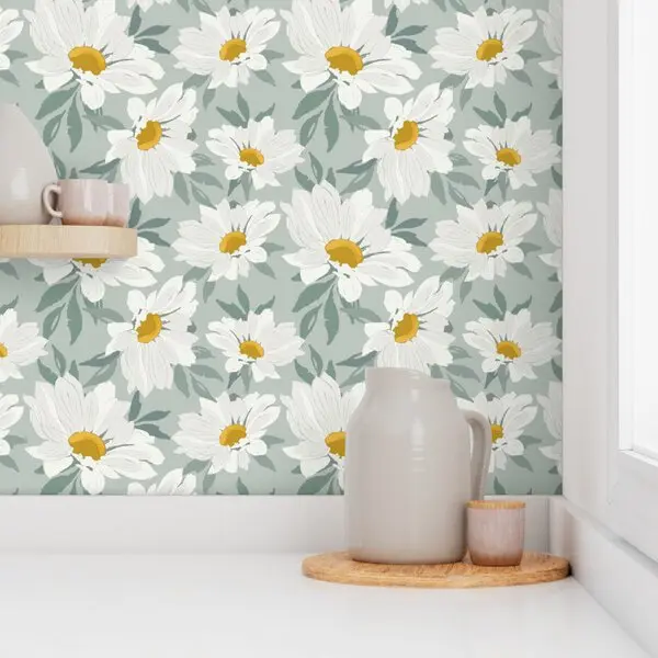 Spoonflower Green Floral Garden Daisy Botanical Spring Custom Pre-pasted Wallpaper - Mint