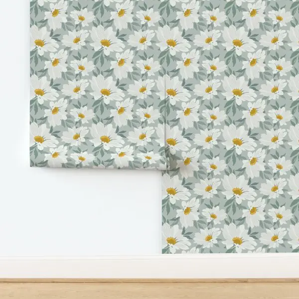 Spoonflower Green Floral Garden Daisy Botanical Spring Custom Pre-pasted Wallpaper - Mint