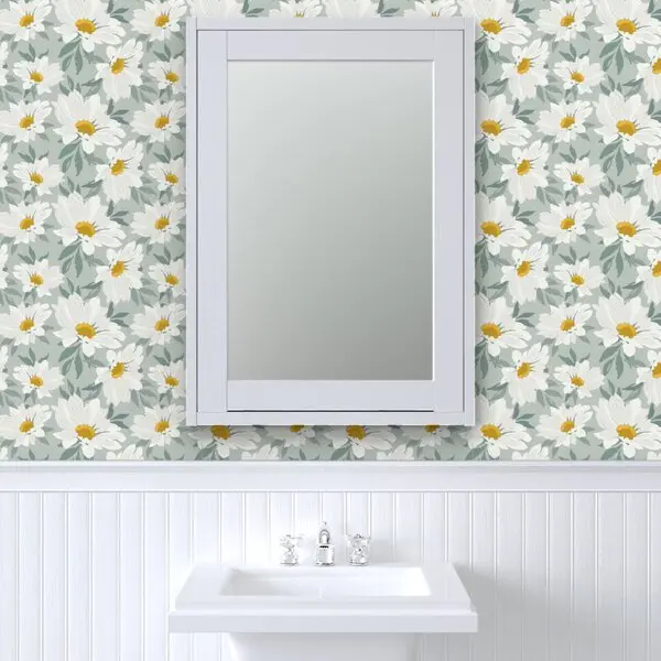 Spoonflower Green Floral Garden Daisy Botanical Spring Custom Pre-pasted Wallpaper - Mint