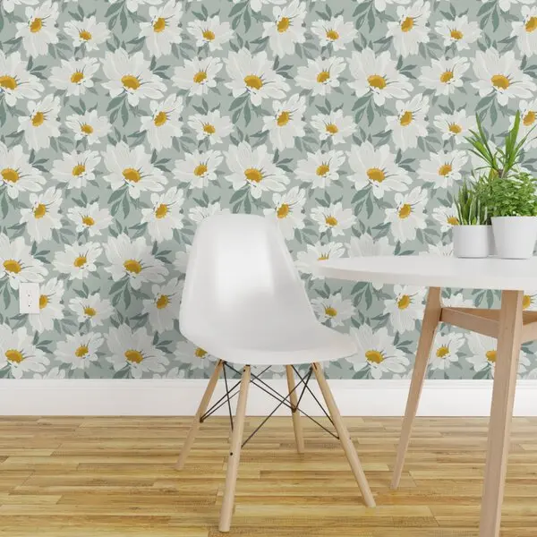 Spoonflower Green Floral Garden Daisy Botanical Spring Custom Pre-pasted Wallpaper - Mint