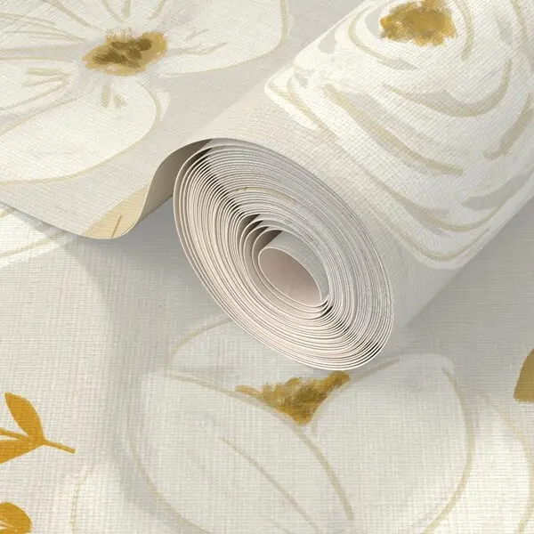 Spoonflower Soft White Mustard Florals Large Fall Tan Neutral 100% Natural Sisal Grasscloth Wallcovering - Gray,white,green