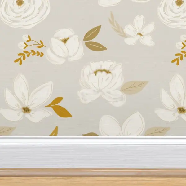 Spoonflower Soft White Mustard Florals Large Fall Tan Neutral 100% Natural Sisal Grasscloth Wallcovering