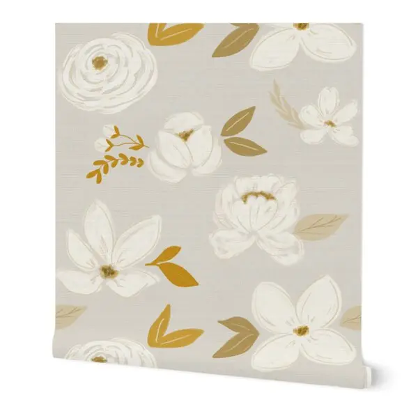 Spoonflower Soft White Mustard Florals Large Fall Tan Neutral 100% Natural Sisal Grasscloth Wallcovering