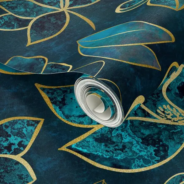 Spoonflower Turquoise Blossom Floral Aqua Teal Elegance Fancy Custom Pre-pasted Wallpaper - Teal,gold,turquoise
