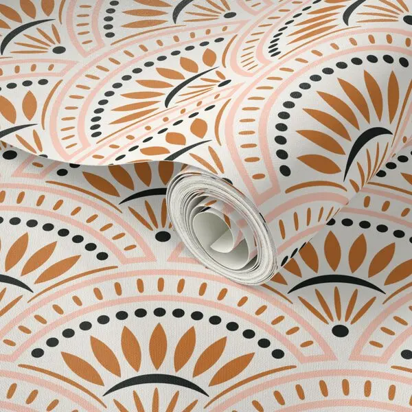 Spoonflower Scales Scallops Fans Geometric Vintage 20s Custom Pre-pasted Wallpaper - Orange