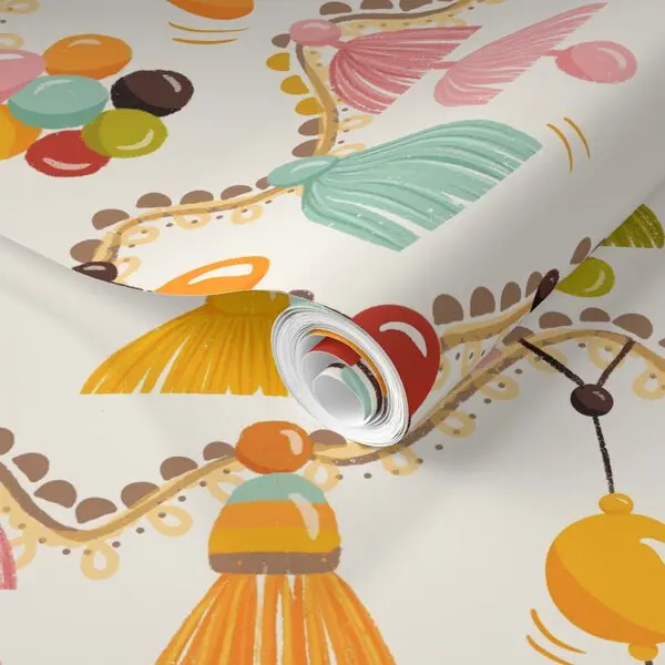 Spoonflower Colorful Tassel Mustard Gold Pastel Pink Graphic Custom Pre-pasted Wallpaper - Pink,gold