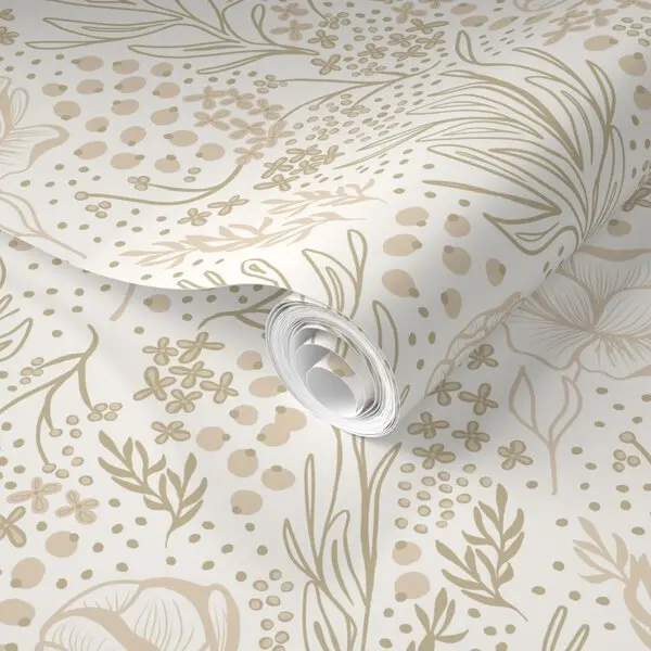 Spoonflower Neutral Flowers Ditsy Floral Hand Drawn Line Custom Pre-pasted Wallpaper - Beige