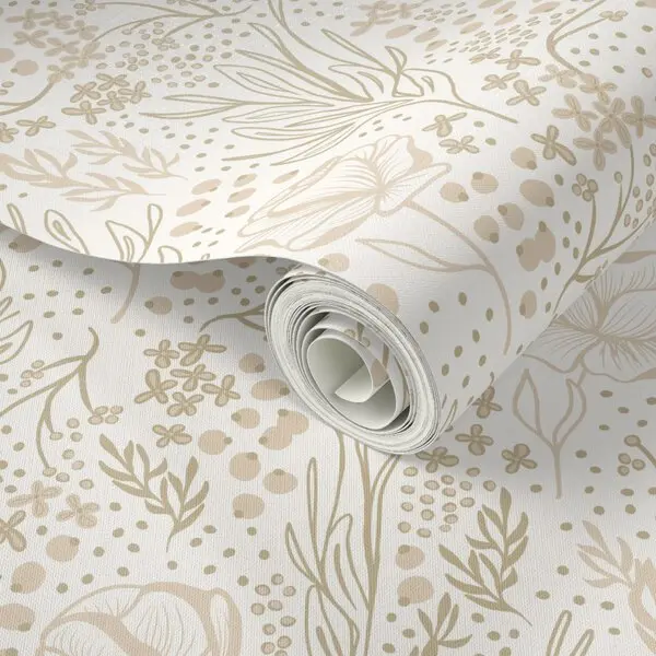 Spoonflower Neutral Flowers Ditsy Floral Hand Drawn Line Custom Pre-pasted Wallpaper - Beige