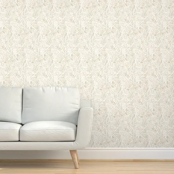 Spoonflower Neutral Flowers Ditsy Floral Hand Drawn Line Custom Pre-pasted Wallpaper - Beige