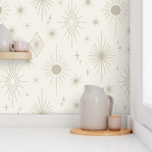 Spoonflower Star Space Retro Neutral 60s Whimsical Custom Pre-pasted Wallpaper