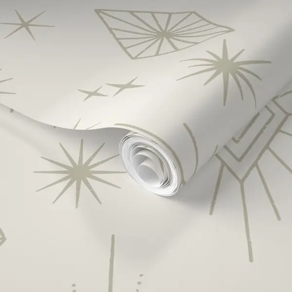 Spoonflower Star Space Retro Neutral 60s Whimsical Custom Pre-pasted Wallpaper - Beige