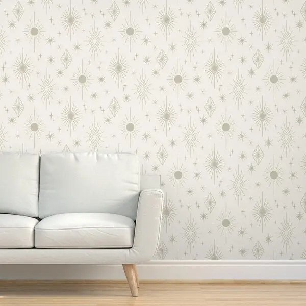 Spoonflower Star Space Retro Neutral 60s Whimsical Custom Pre-pasted Wallpaper - Beige