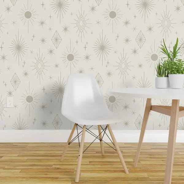 Spoonflower Star Space Retro Neutral 60s Whimsical Custom Pre-pasted Wallpaper - Beige