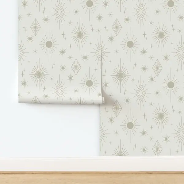 Spoonflower Star Space Retro Neutral 60s Whimsical Custom Pre-pasted Wallpaper - Beige