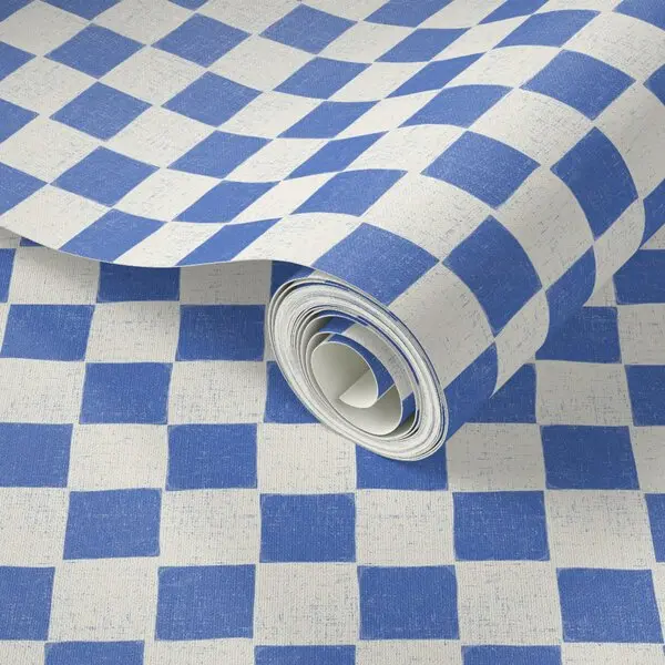 Spoonflower Geometric Hand-drawn Stamp Checkered Checks Custom Pre-pasted Wallpaper - Blue