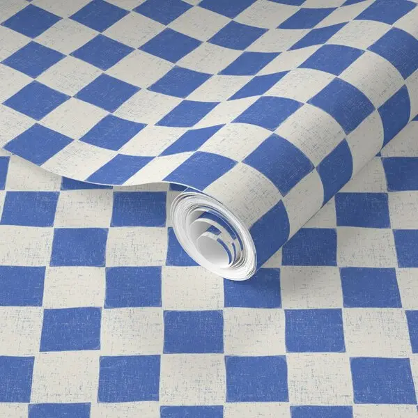 Spoonflower Geometric Hand-drawn Stamp Checkered Checks Custom Pre-pasted Wallpaper - Blue