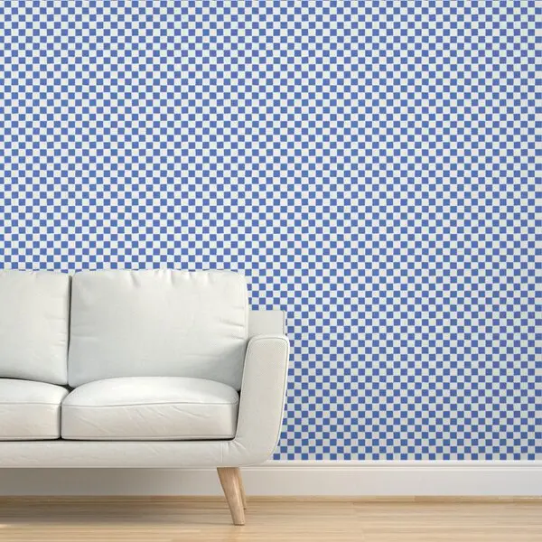 Spoonflower Geometric Hand-drawn Stamp Checkered Checks Custom Pre-pasted Wallpaper - Blue