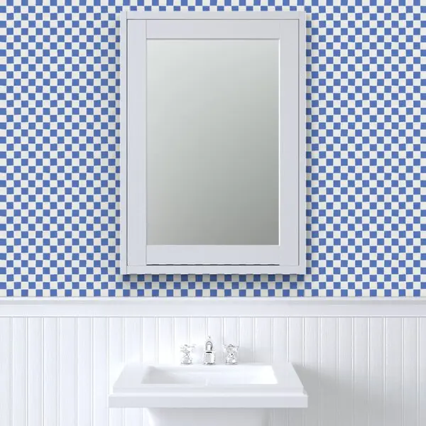 Spoonflower Geometric Hand-drawn Stamp Checkered Checks Custom Pre-pasted Wallpaper - Blue