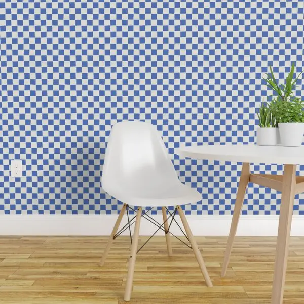 Spoonflower Geometric Hand-drawn Stamp Checkered Checks Custom Pre-pasted Wallpaper - Blue