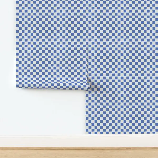 Spoonflower Geometric Hand-drawn Stamp Checkered Checks Custom Pre-pasted Wallpaper - Blue