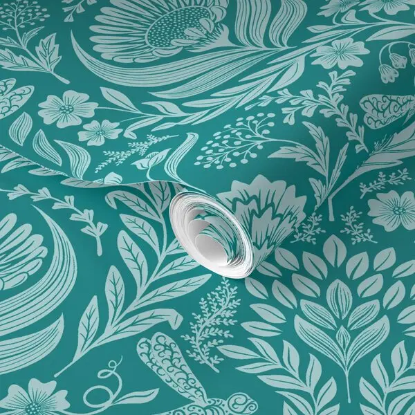 Spoonflower Floral Victorian Whimsical Dragonflies Art Custom Pre-pasted Wallpaper - Teal
