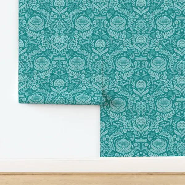 Spoonflower Floral Victorian Whimsical Dragonflies Art Custom Pre-pasted Wallpaper - Teal